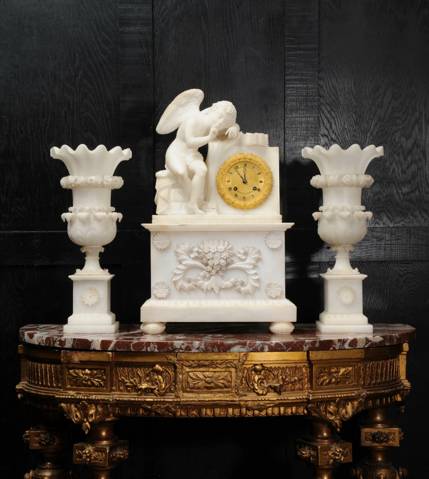EARLY ANTIQUE FRENCH ALABASTER CLOCK SET CUPID MENACING LOVE C1820 | eBay