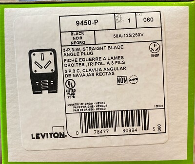 LEVITON 9450-P Straight Blade Angle Plug 50 Amp 125/250 Volt Industrial ...