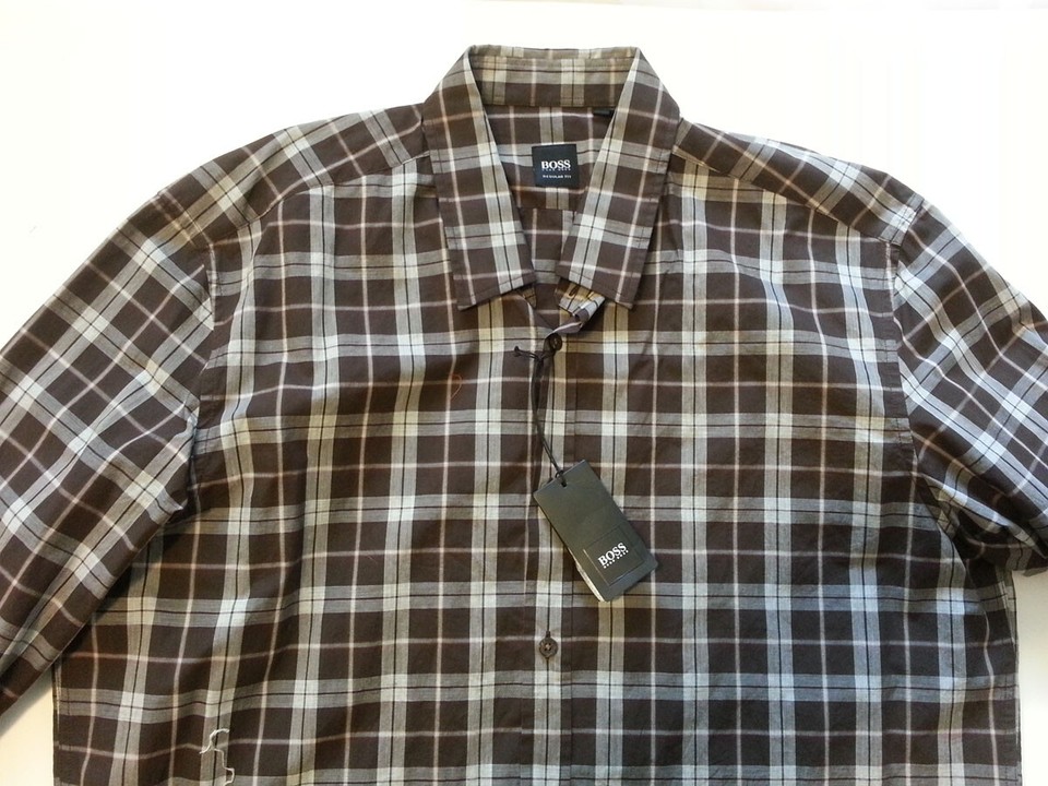 Hugo Boss Men Shirt Lucas Size XL (18-36) Plaid Brown Black Pattern ...