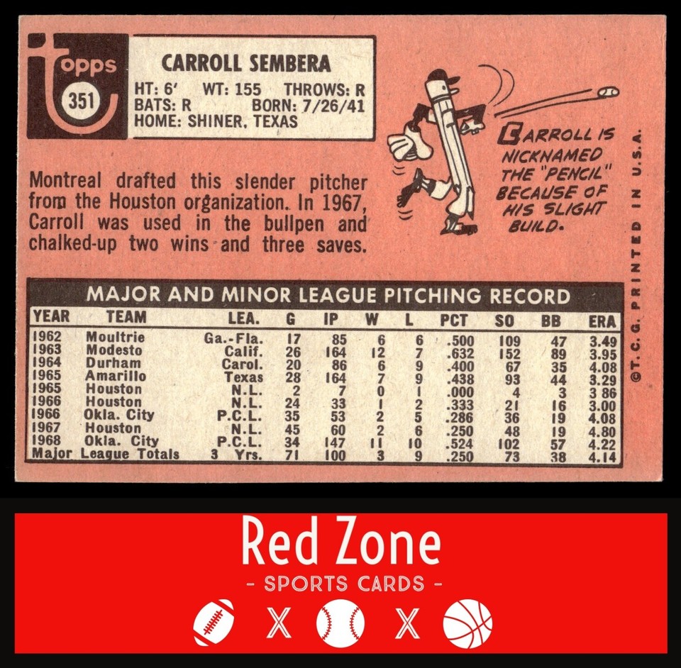 1969 Topps - #351 Carroll Sembera VG/EX | eBay