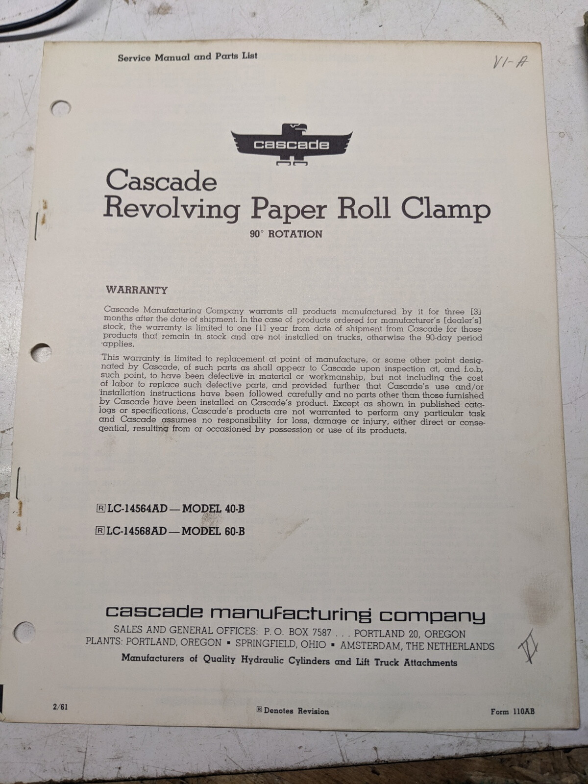 CASCADE SERVICE MANUAL PARTS LIST BOOK 40-B 60-B REVOLVING PAPER ROLL ...