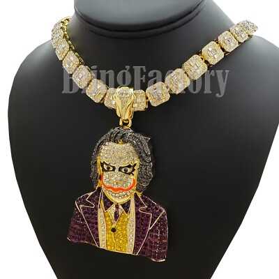 Hip Hop Gold PT Joker Pendant & 18" Full Iced Choker Bust Down Chain ...