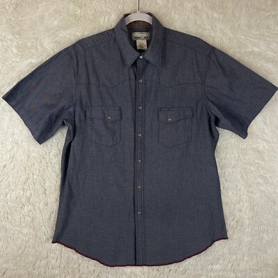Wrangler Rancher Shirt Mens Pearl Snap Large Blue Short Sleeves Chore ...