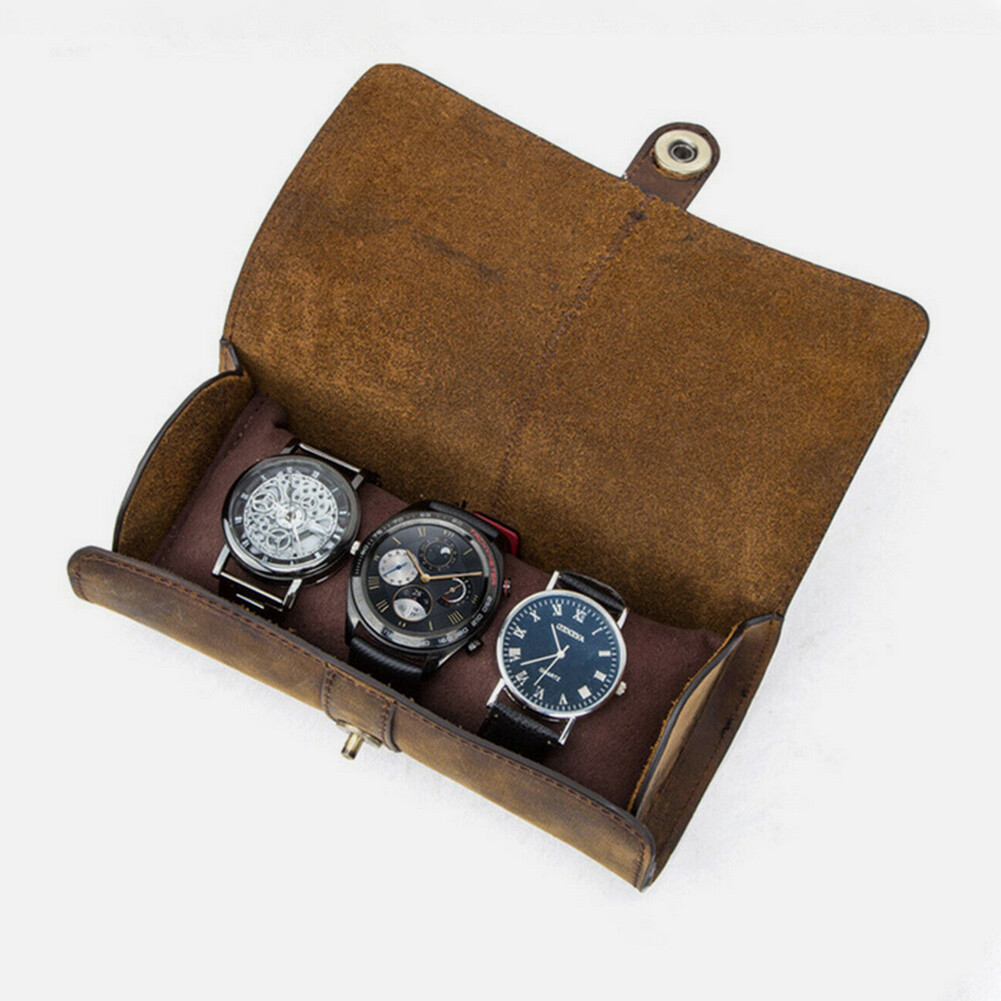 3 Slot Genuine Leather Watch Roll Display Watch Storage Box Vintage ...