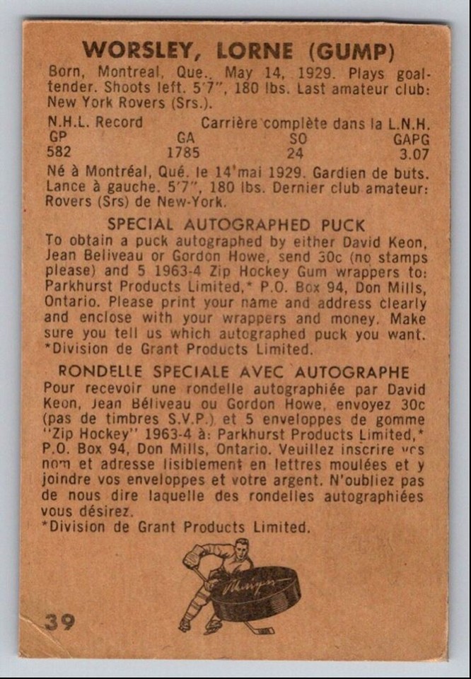 1963-64 PARKHURST GUMP WORSLEY MONTREAL CANADIENS #39 HOCKEY CARD | eBay