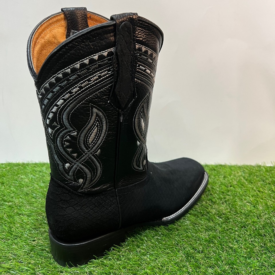 Mens WESTERN COWBOY Leather PYTHON MATTE BLACK Print Square Toe Boots ...