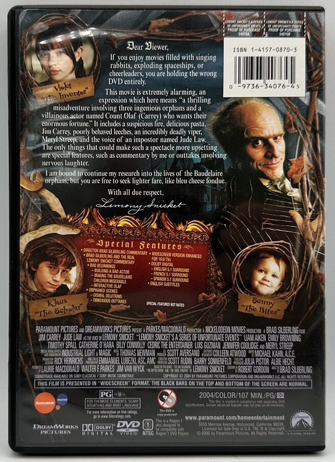 Lemony Snicket's A Series of Unfortunate Events DVD Widescreen Jim ...