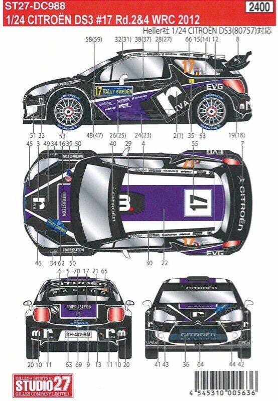 Studio 27 Decal 1/24 Citroën DS3 WRC Suède/Portugal 2012 No.17 pour ...