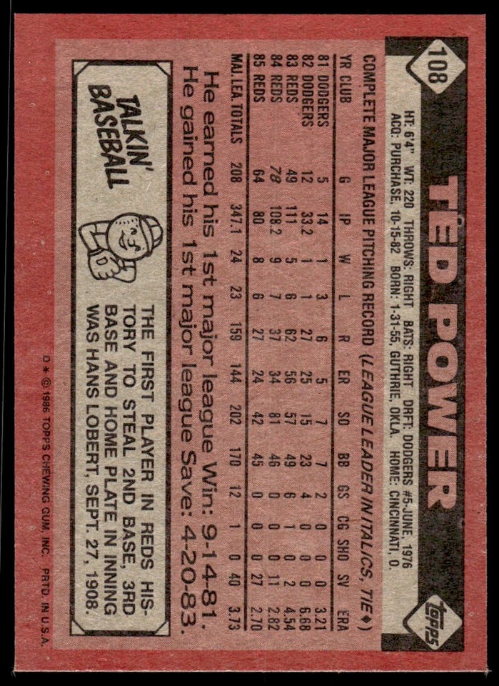 1986 Topps Baseball Card Ted Power Cincinnati Reds #108 | eBay