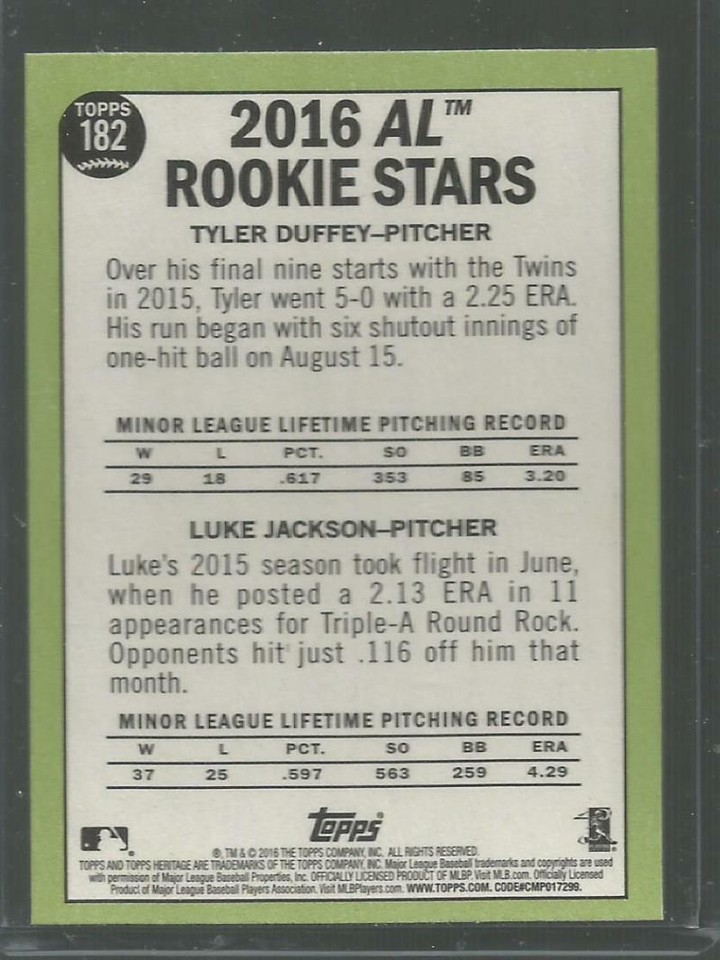 2016 Topps Heritage #182 Luke Jackson/Tyler Duffey NM-MT (RC - Rookie ...