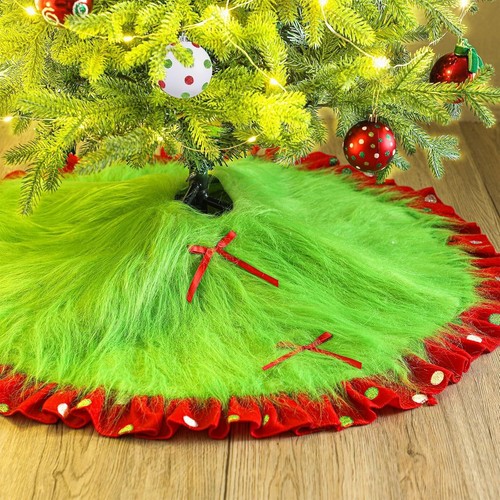 Red and Green Christmas Tree Skirt Furry Plush Lime Green Christmas ...