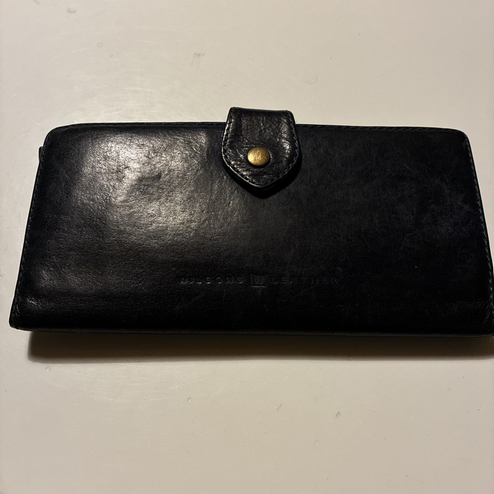 Wilsons Womens Tri-Fold Black Leather Wallet Checkbook Coin Cash Cards ...