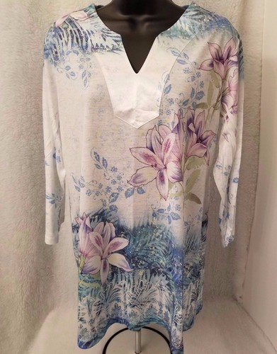 Endless Designs Shirt Top Blouse Size L Womens Blue White Purple Green ...