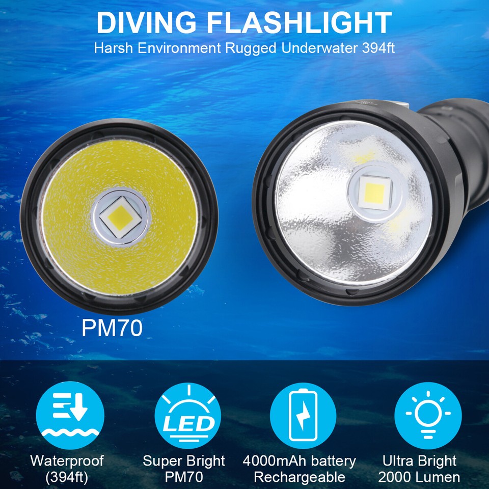 120m Underwater LED Scuba Dive Light Waterproof Rechargeable Diving ...