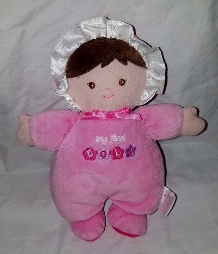 Prestige Baby My First Doll Plush 8" Brown Brunette Hair White Bonnet ...
