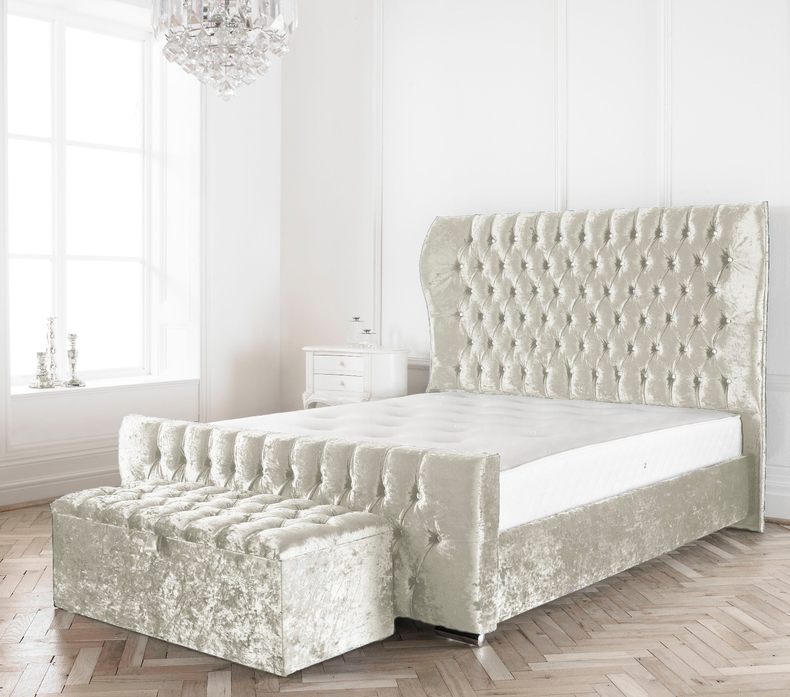WHITE CRUSHED VELVET WESTMINSTER WINGED BED + MATTRESS + BUTTON CHOICE ...