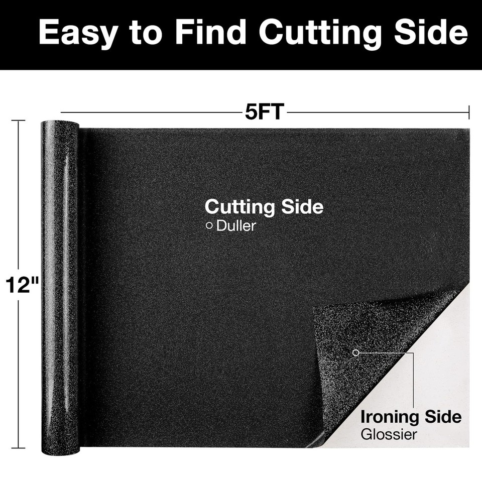 Black Glitter HTV Heat Transfer Vinyl Roll Iron On T-Shirt 12 Inch x 5 ...