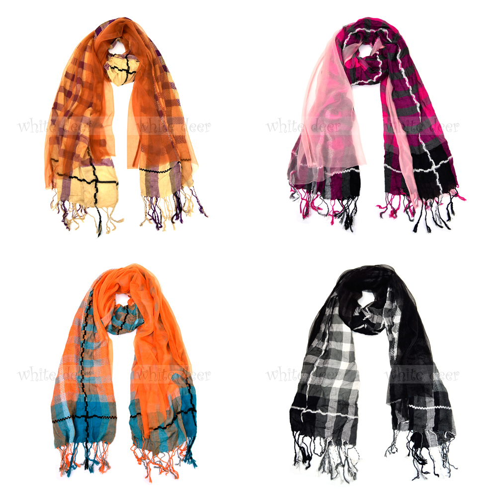 72" Plaids & Checks Double Layer Sewed On Scarf Tear Drop Fringe Multi ...