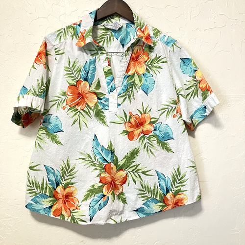 Cathy Daniels Top L- XL Floral Hawaiian Print Cotton White Swiss Dot ...