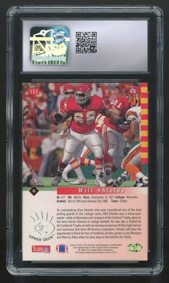 WILL SHIELDS 1993 SP, #123, CSG 10, Gem Mint, Rookie Card, HoF, Chiefs ...