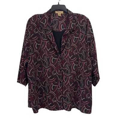 Notations Womans Black & Burgandy Abstract Print Button-Up Blouse w ...