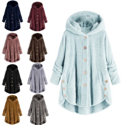 Womens Plus Size Fleece Fluffy Coats Ladies Winter Warm Casual Hoodie ...