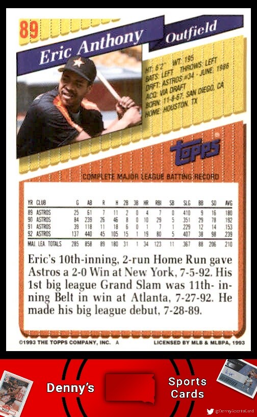 1993 Topps #89 Eric Anthony Houston Astros Baseball Card | eBay