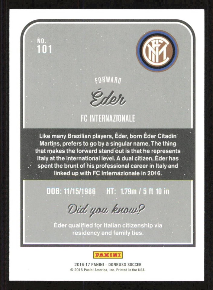 2016 Donruss EDER Gold Foil Soccer card FC INTERNAZIONALE #101 | eBay