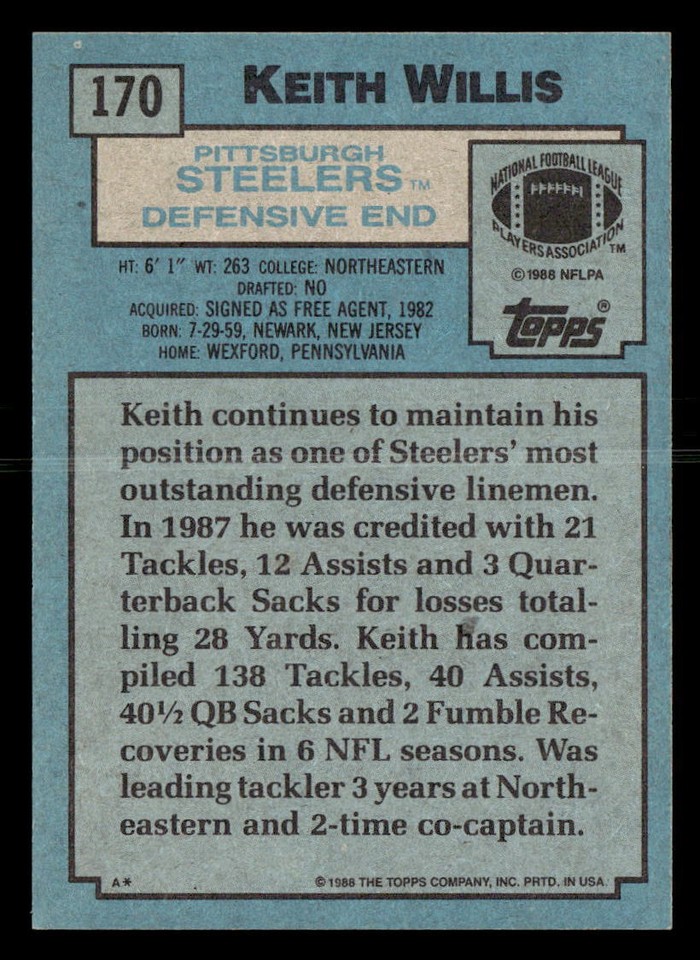 Keith Willis 1988 Topps Card #170 Pittsburgh Steelers | eBay