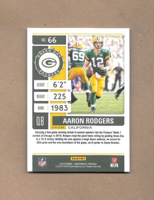 2019 Panini Contenders Football Aaron Rodgers Card #66 Now Jets QB! NM ...