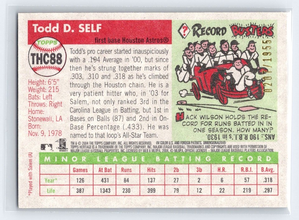 TODD SELF 2004 Topps Heritage Chrome THC88 Houston Astros 0207/1955 | eBay