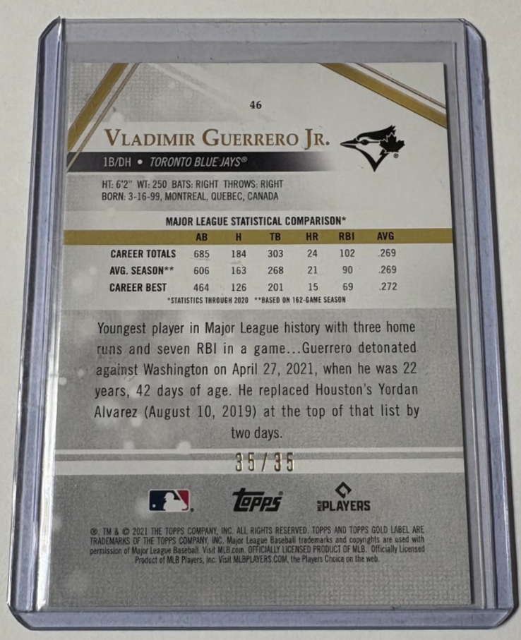 2021 TOPPS GOLD LABEL CLASS 3 PURPLE * #46 VLADIMIR GUERRERO JR * #35/ ...