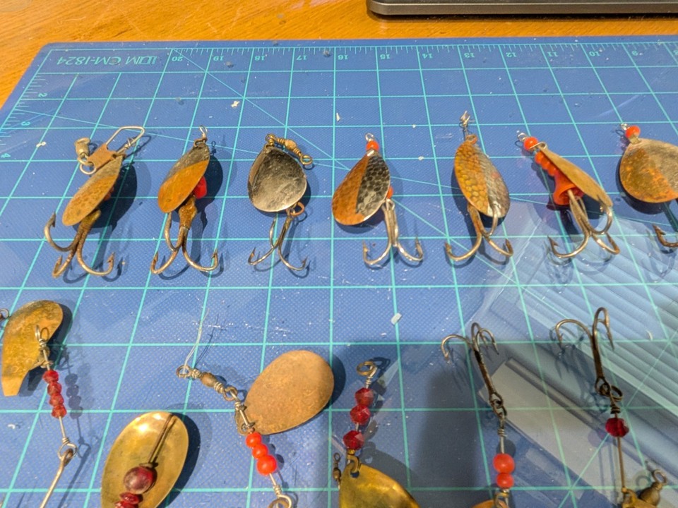 Vintage Fishing Spinner Spoon Lures Mixed Lot Brass Blades Treble Hooks ...