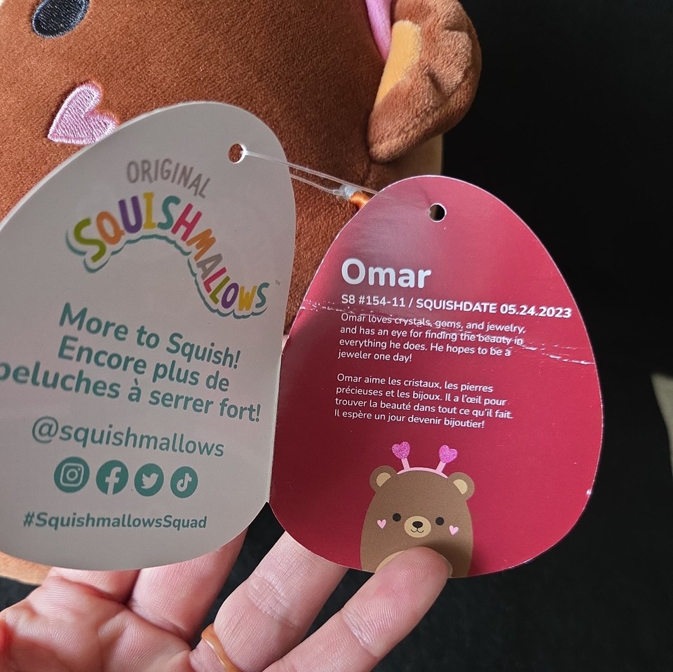 Squishmallows Omar the Bear 8” Squishy Soft Plush Toy w/ Pink Headband ...