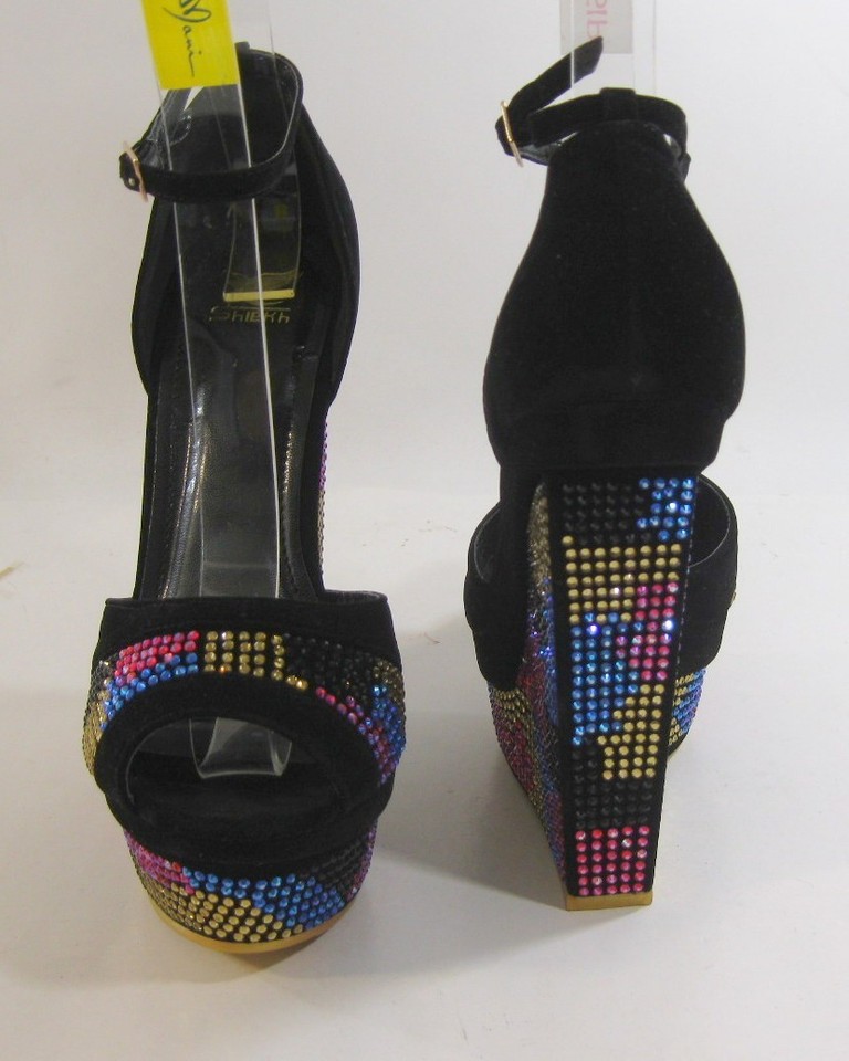 Black Colorful Rhinestones 6"Wedge Heel 2"Platform Shoes US WOMEN Size ...