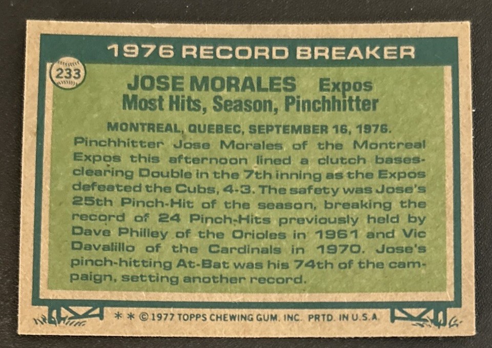 1977 Topps “1976 Record Breaker” Jose Morales Card 233 Expos Pinch ...