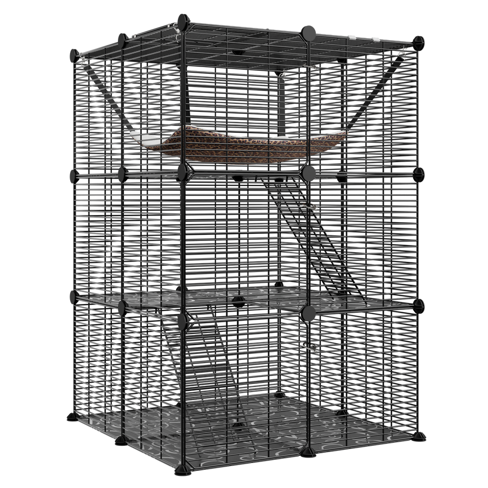 3-Tiers Cat Cage Enclosure Metal Wire Cat Kennel Playpen w/ Hammock for ...