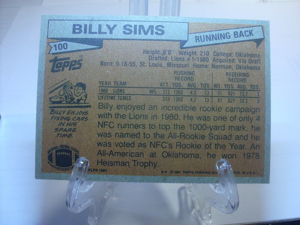 1981 Topps Football Card #100 - Billy Sims AP, RC - Detroit Lions ...