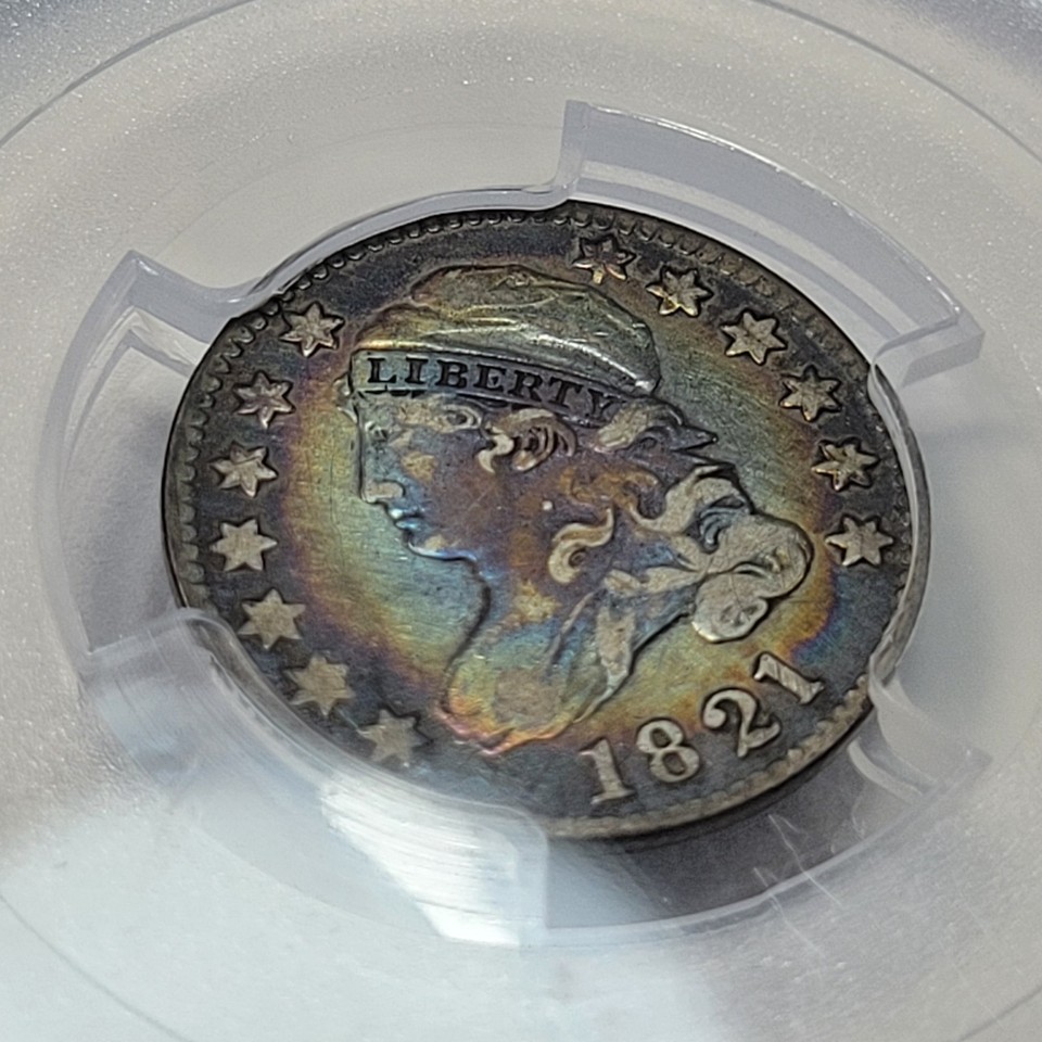 1821 10c Capped Bust Dime PCGS VF25 CAC RAINBOW TONED Amazing Color ...