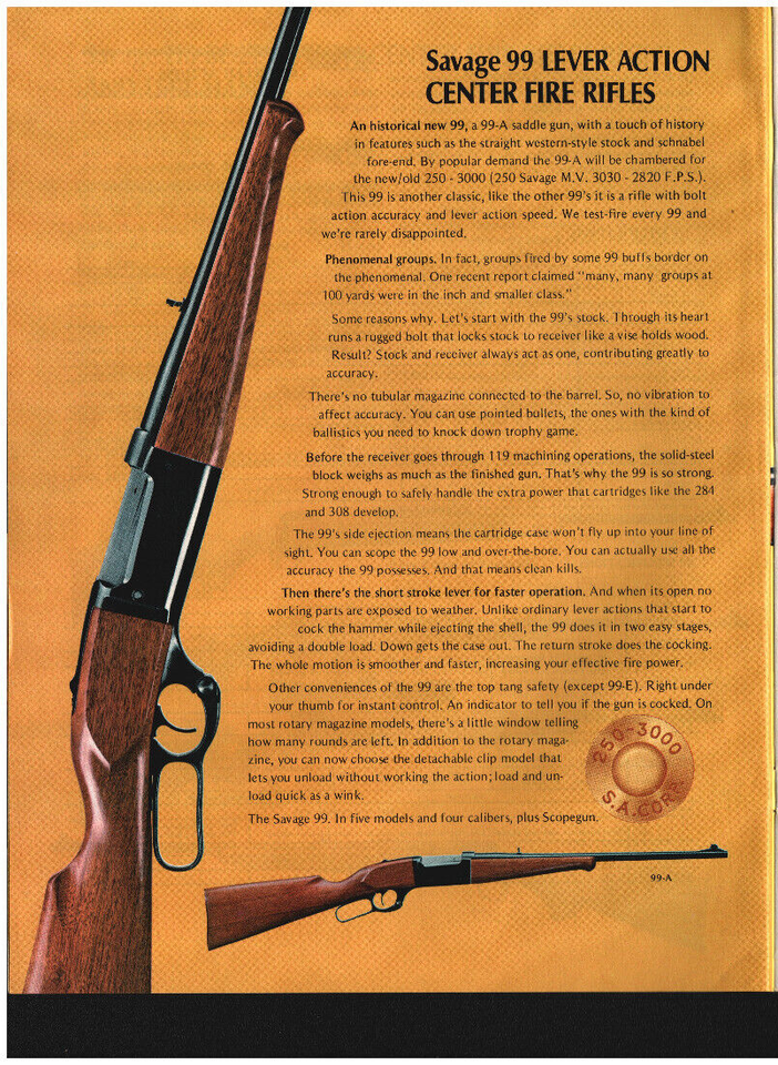 1971 Savage 99 Lever Action Center Fire Rifle Two Page Gun Firearm ...