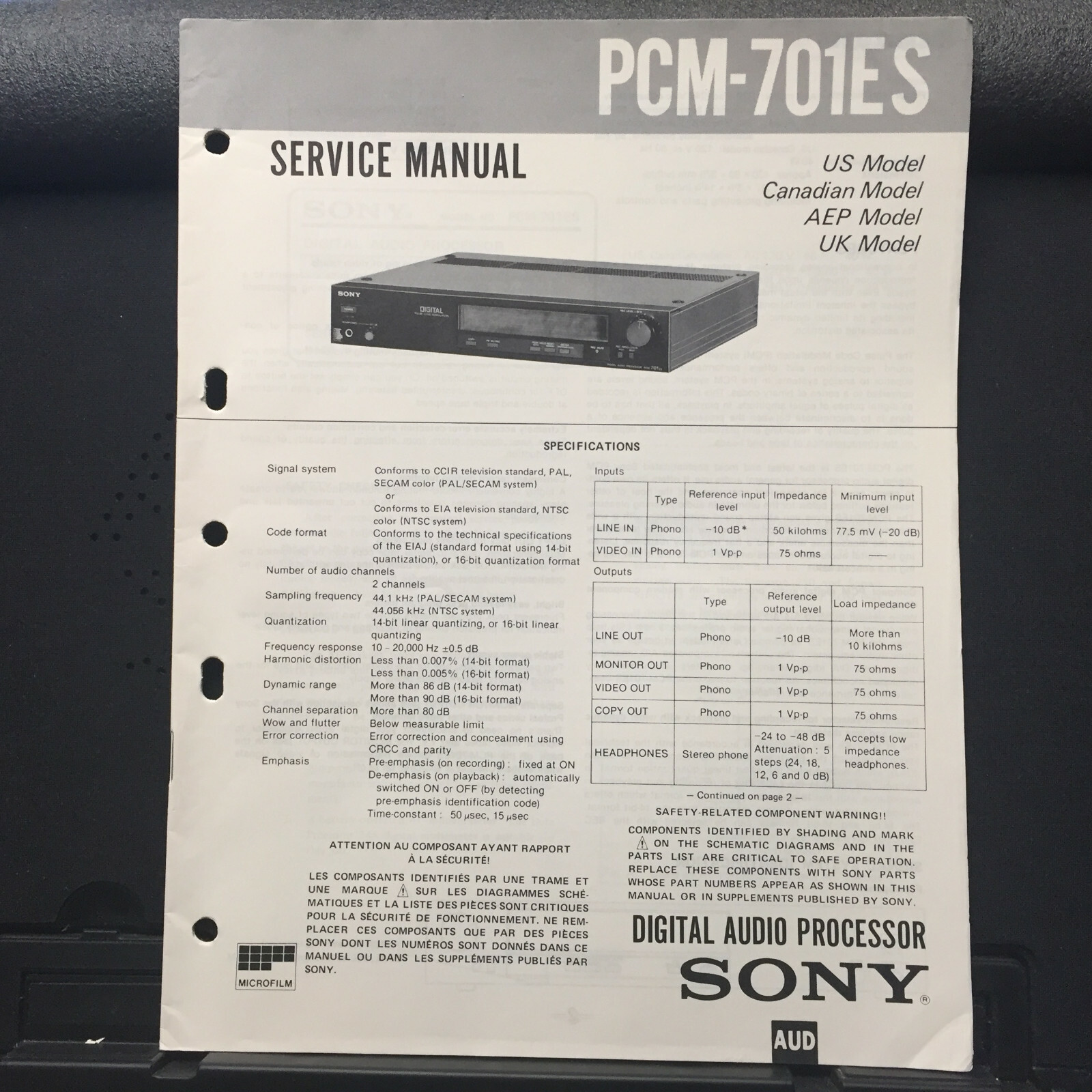 Sony Service Manual for the PCM-701ES DAP Processor ~ Original Manual ...