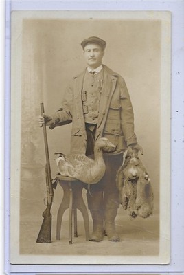 Studio Real Photo Postcard RPPC - Hunting Hunter with Rifle Goose and ...