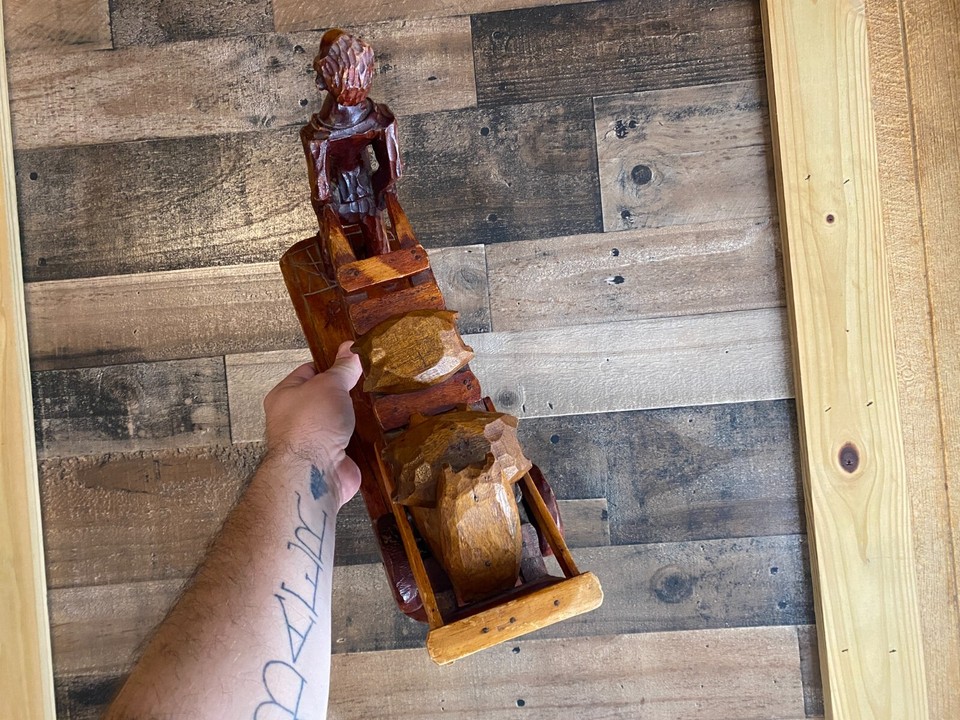 Wood Carved Man Pulling Wagon Rocks VTG Large 10 x 14" Detailed ...