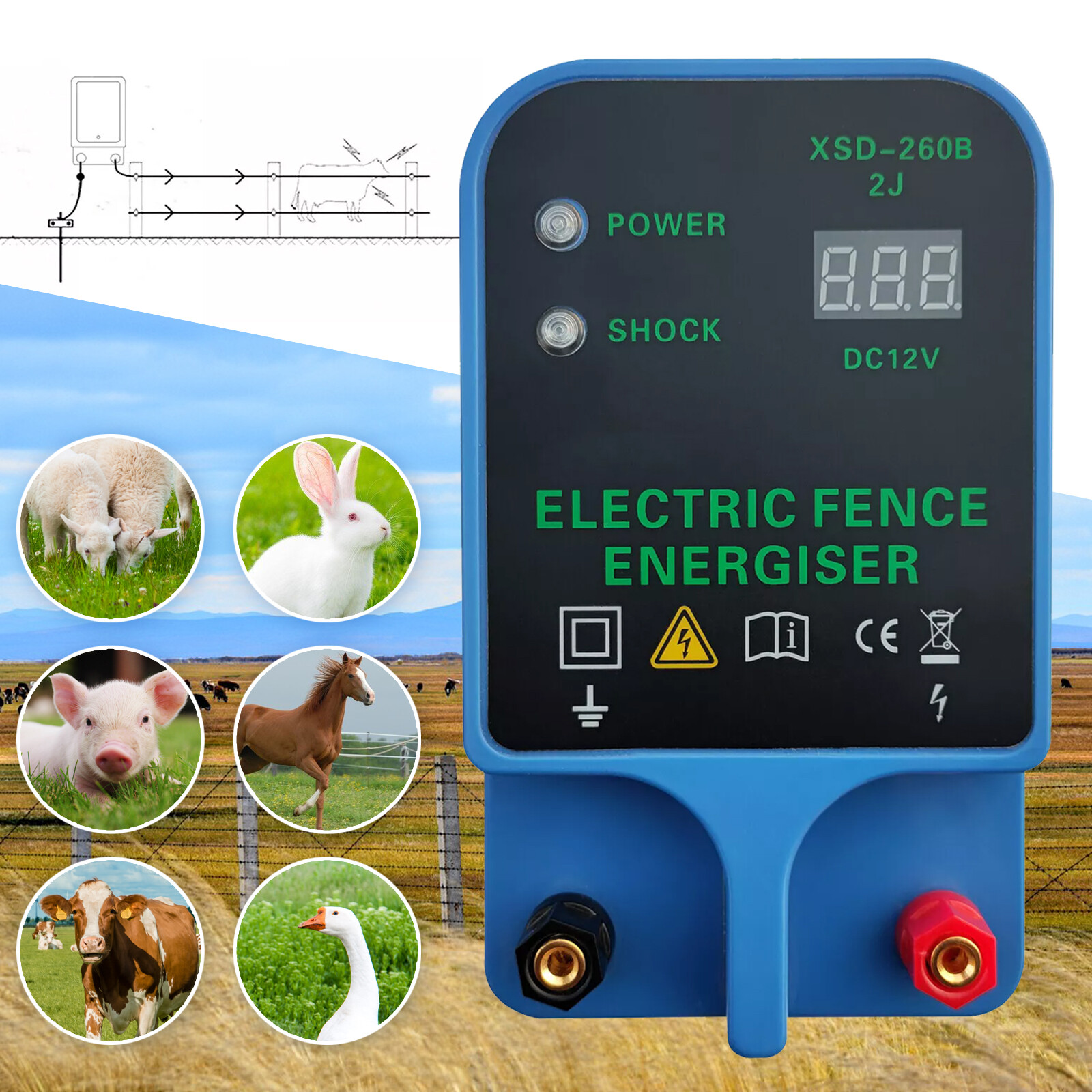 10KM DC12V Electric Fence Energizer Controller LCD Display For Poulty ...