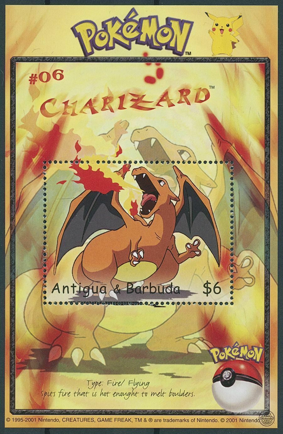 Antigua & Barbuda 2001 - Pokemon, #06 Charizard Stamp - Souvenir Sheet ...