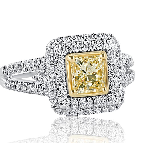 Princess Cut Faint Yellow 1.51 TCW Diamond Engagement Halo Ring 14k ...
