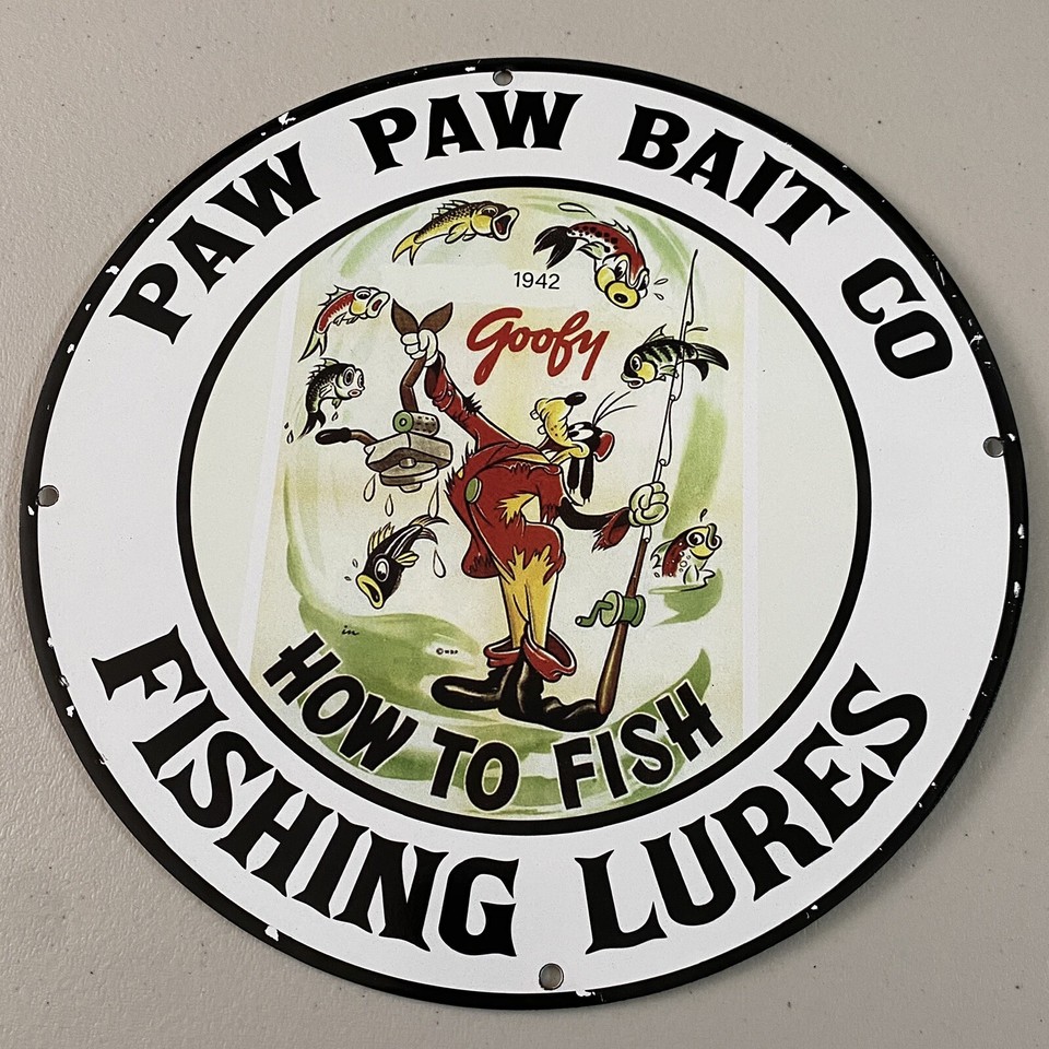 VINTAGE PAW PAW BAIT PORCELAIN SIGN GAS OIL GOOFY FISHING LURES HOOK ...