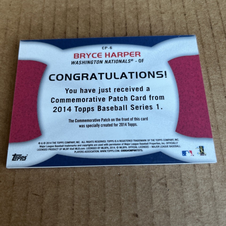 2014 Topps Commemorative PATCH Bryce Harper #CP-6 Nationals Baseball ...