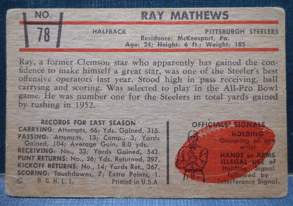 1953 Bowman Football #78 Ray Mathews Pittsburgh Steelers | eBay