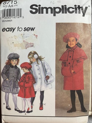 Simplicity 8715 Vintage 90's Childs Lined Coat,Muff,Hat Sewing Pattern ...